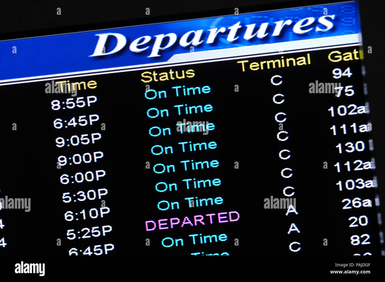 flight departures screen showing most flights on-time in TerminalC ...