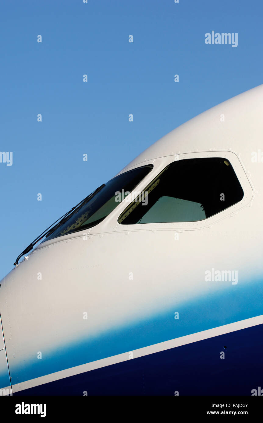 windshield of the first Boeing 787 Dreamliner at the roll-out ceremony ...