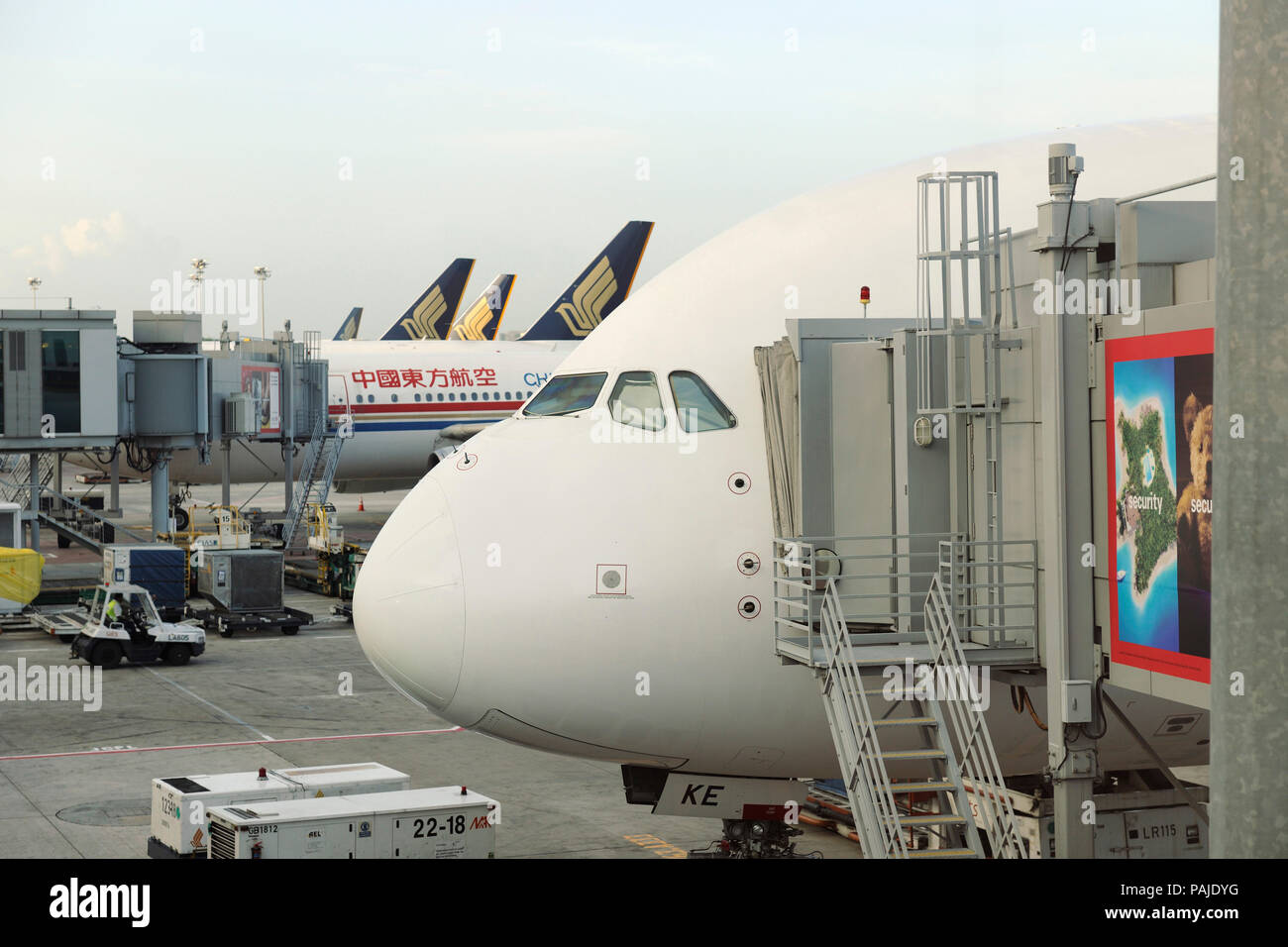 nose of Singapore Airlines Airbus A380-800 with jetway attached and ...