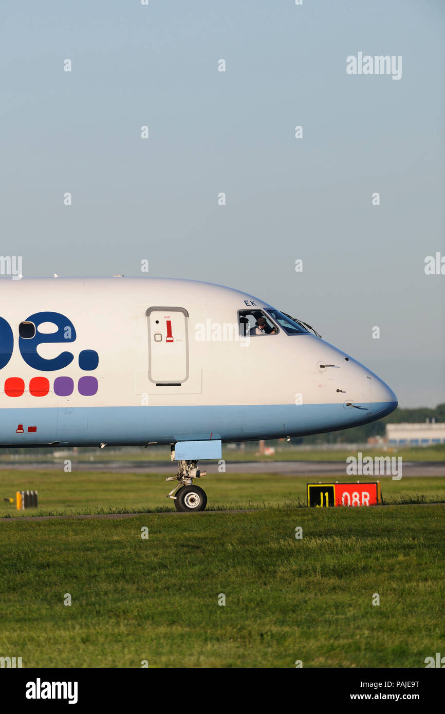 nose of Flybe British European Embraer 195 taxiing at Gatwick Stock ...