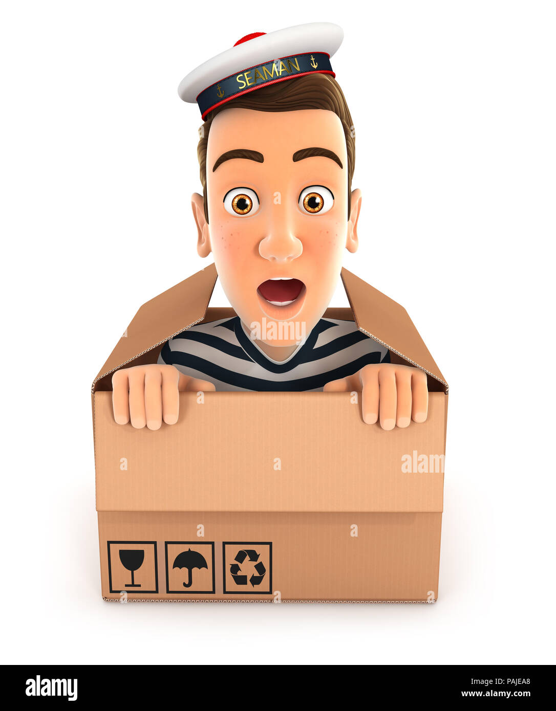 3d seaman hiding inside a cardboard box, illustration with isolated ...