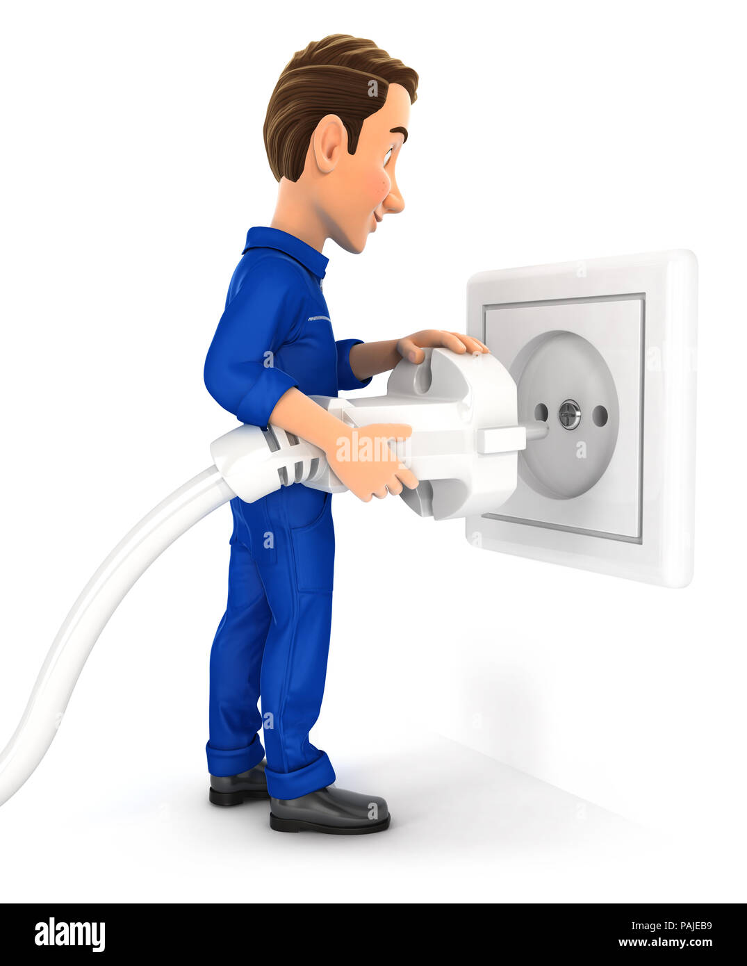 3d mechanic plugging power cord into outlet, illustration with isolated ...