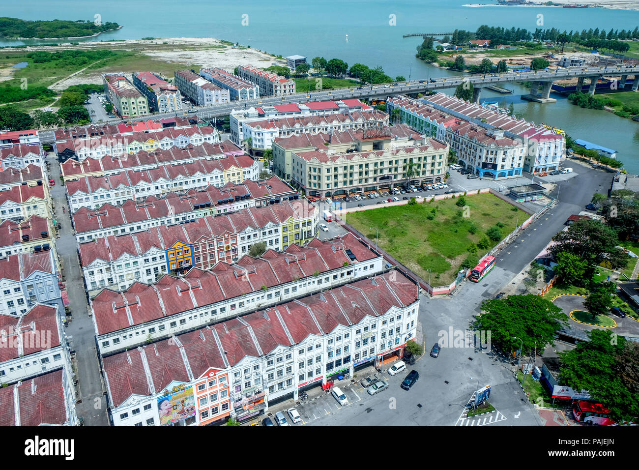 Overhead view of rows of colourful and white historical dutch colonial ...