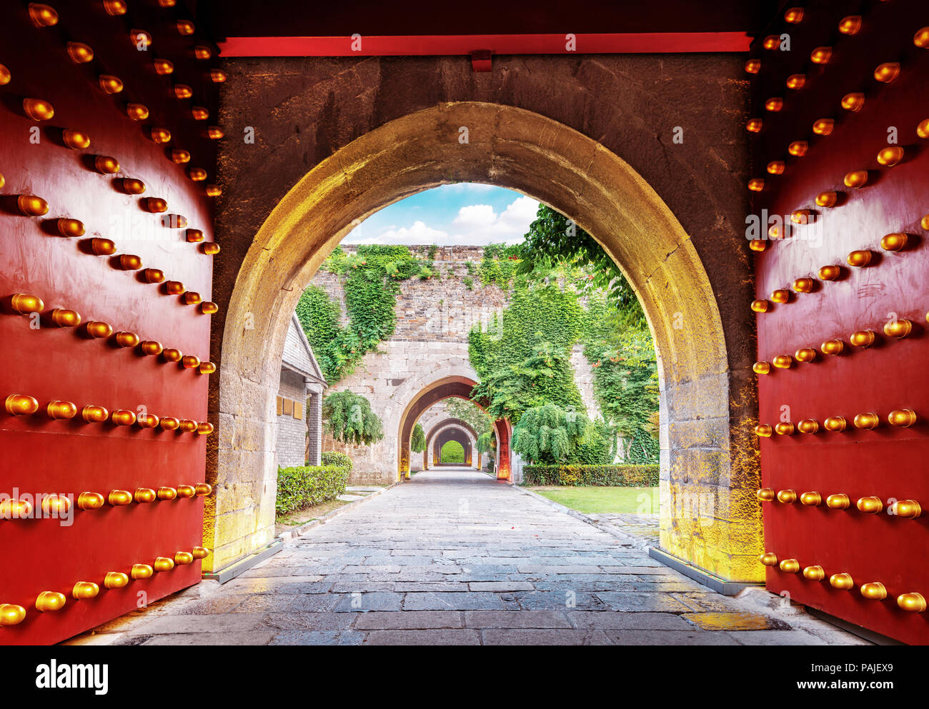 The traditional Chinese Red Gate of Nanjing Zhonghuamen is one of ...