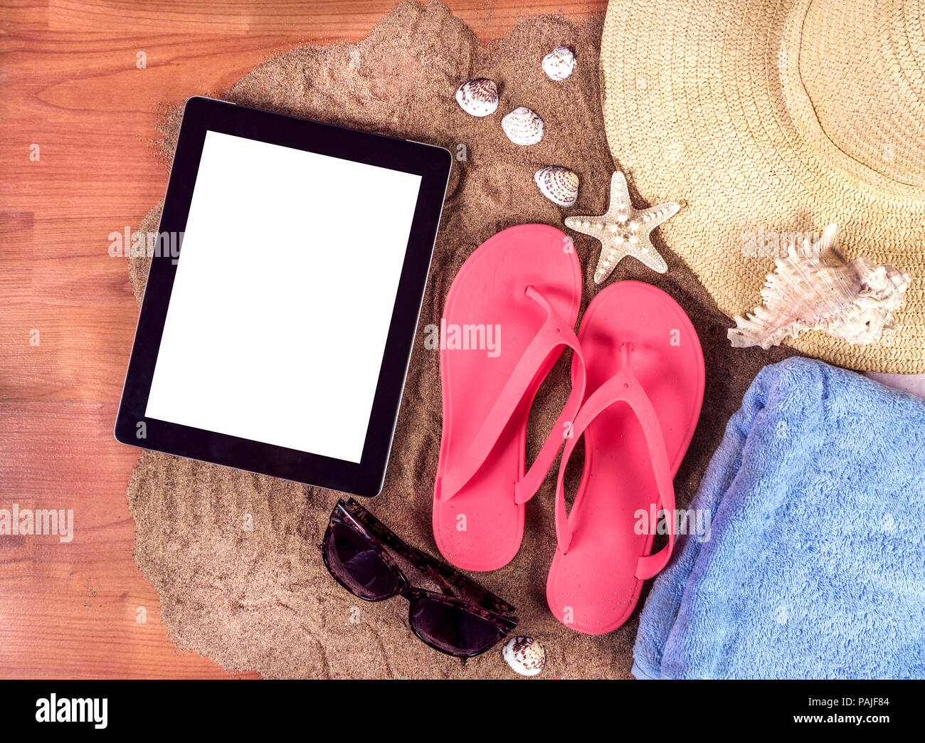 Summer background with flip flops, towel, starfish and glasses with ...