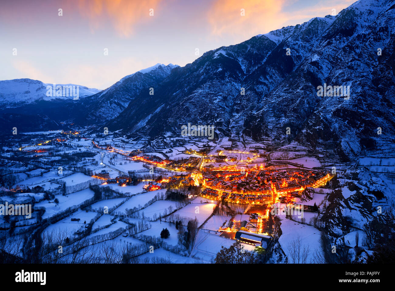 Benasque village Benas sunset aerial view in Huesca Pyrenees of Spain ...
