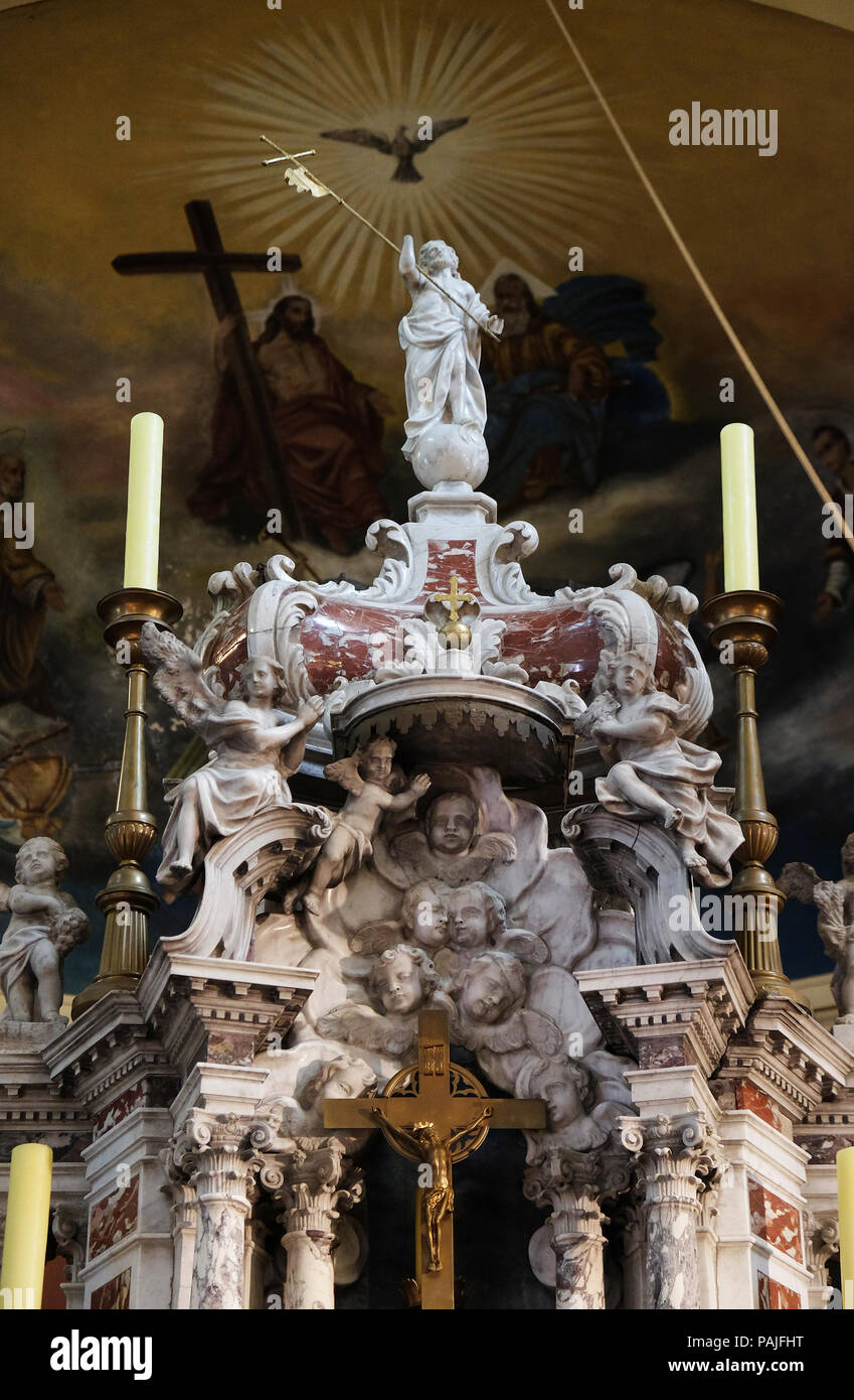Detail of the main altar in the parish church of St. Pelagius, was ...