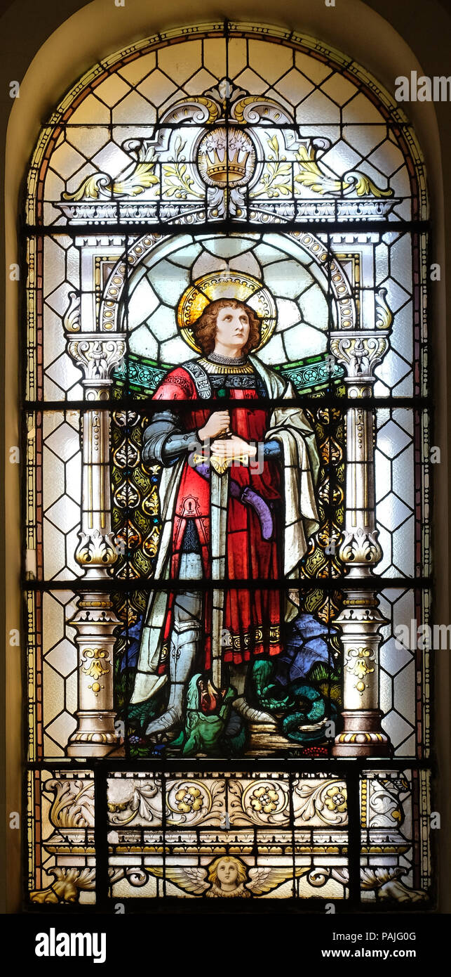 Saint George, stained glass window in the church of Saint Martin in ...