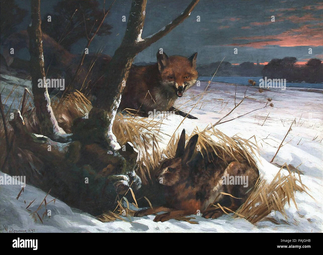 Mackeprang Adolph Henrik - Winter Landscape with a Fox and a Hare Stock ...