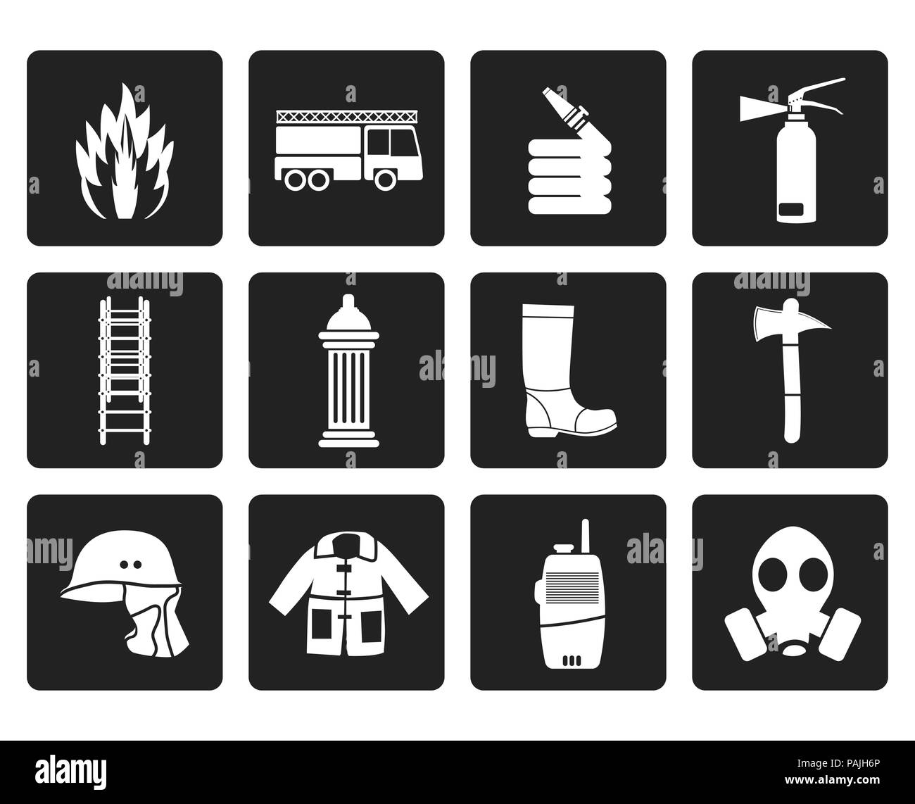 Black fire-brigade and fireman equipment icon - vector icon set Stock ...