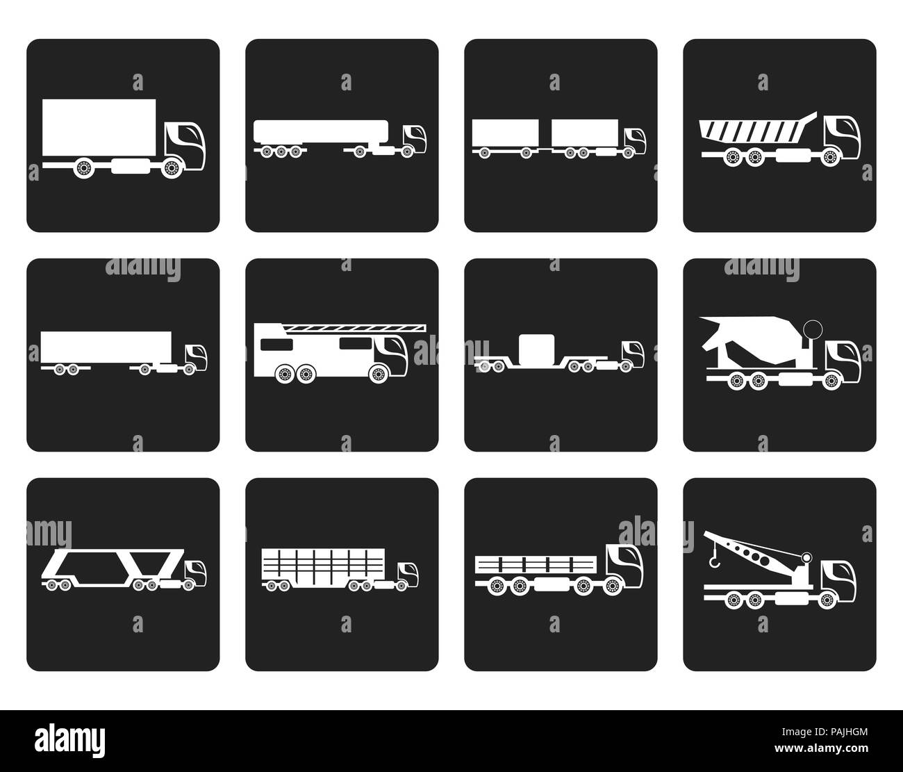 Black different types of trucks and lorries icons - Vector icon set ...