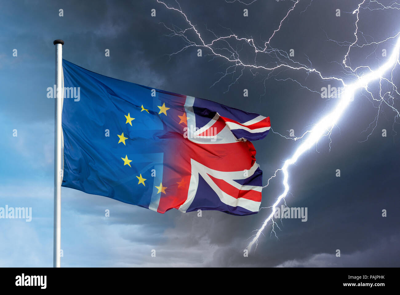 Merging european and british flag with lightning bolt in front of dark ...