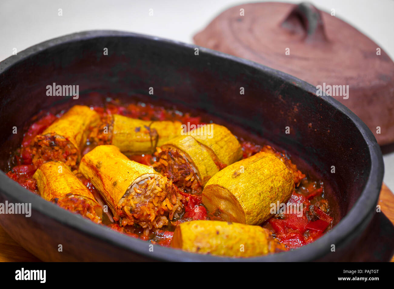 Stuffed round courgettes filled with rice, minced meat and tomato sauce ...
