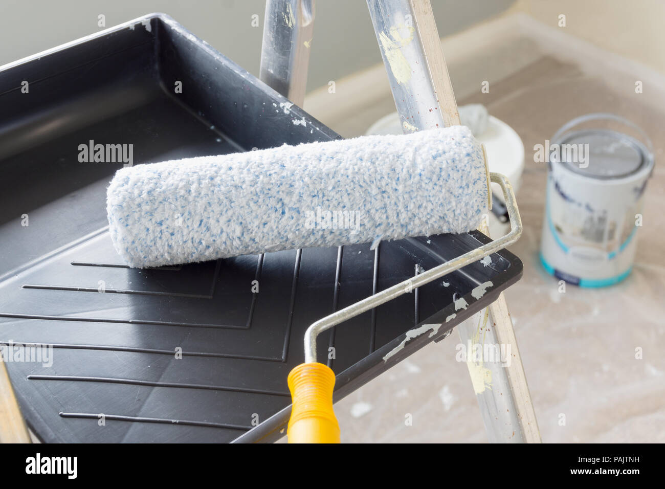 Painting and decorating with a roller and tray on a set of metal step ...