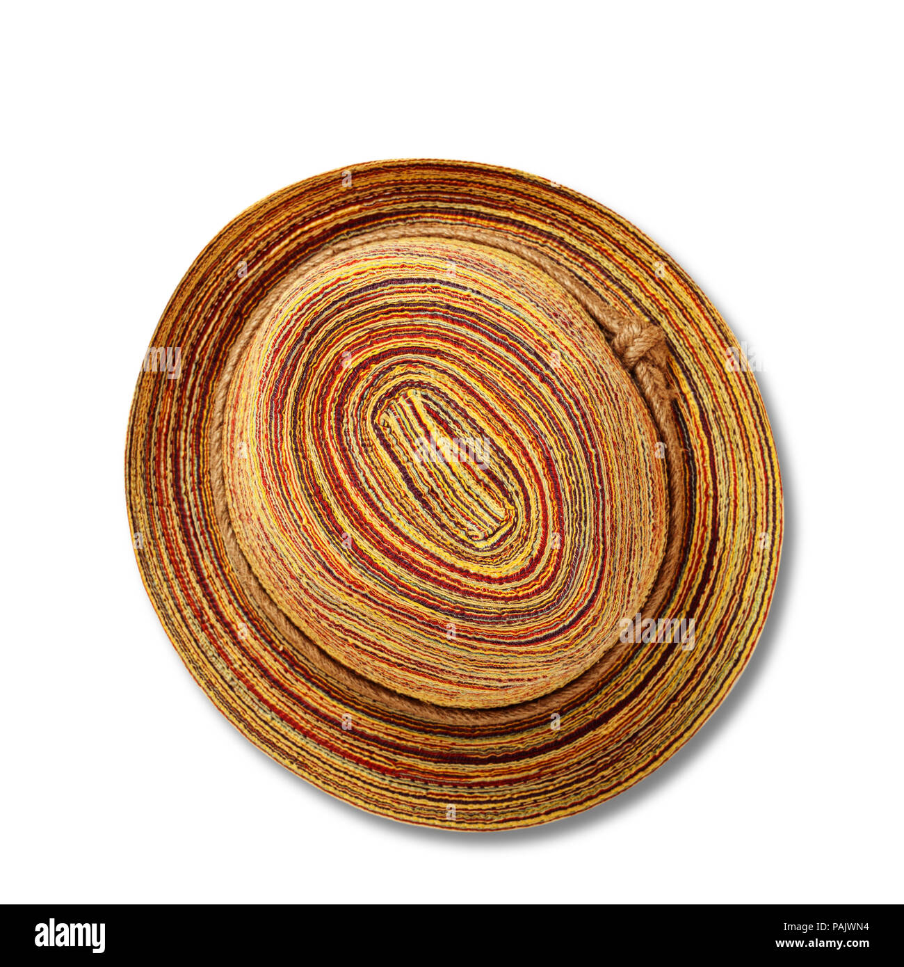 Pretty straw hat with shadow on white background. Beach hat top view ...