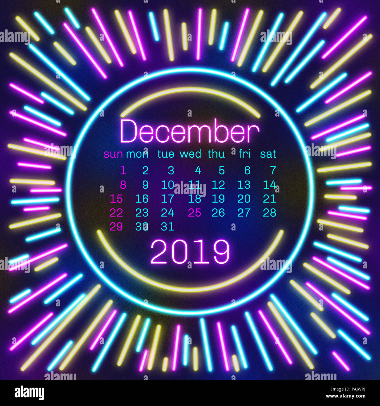 2019. December Calendar page in neon effect style poster for concept ...