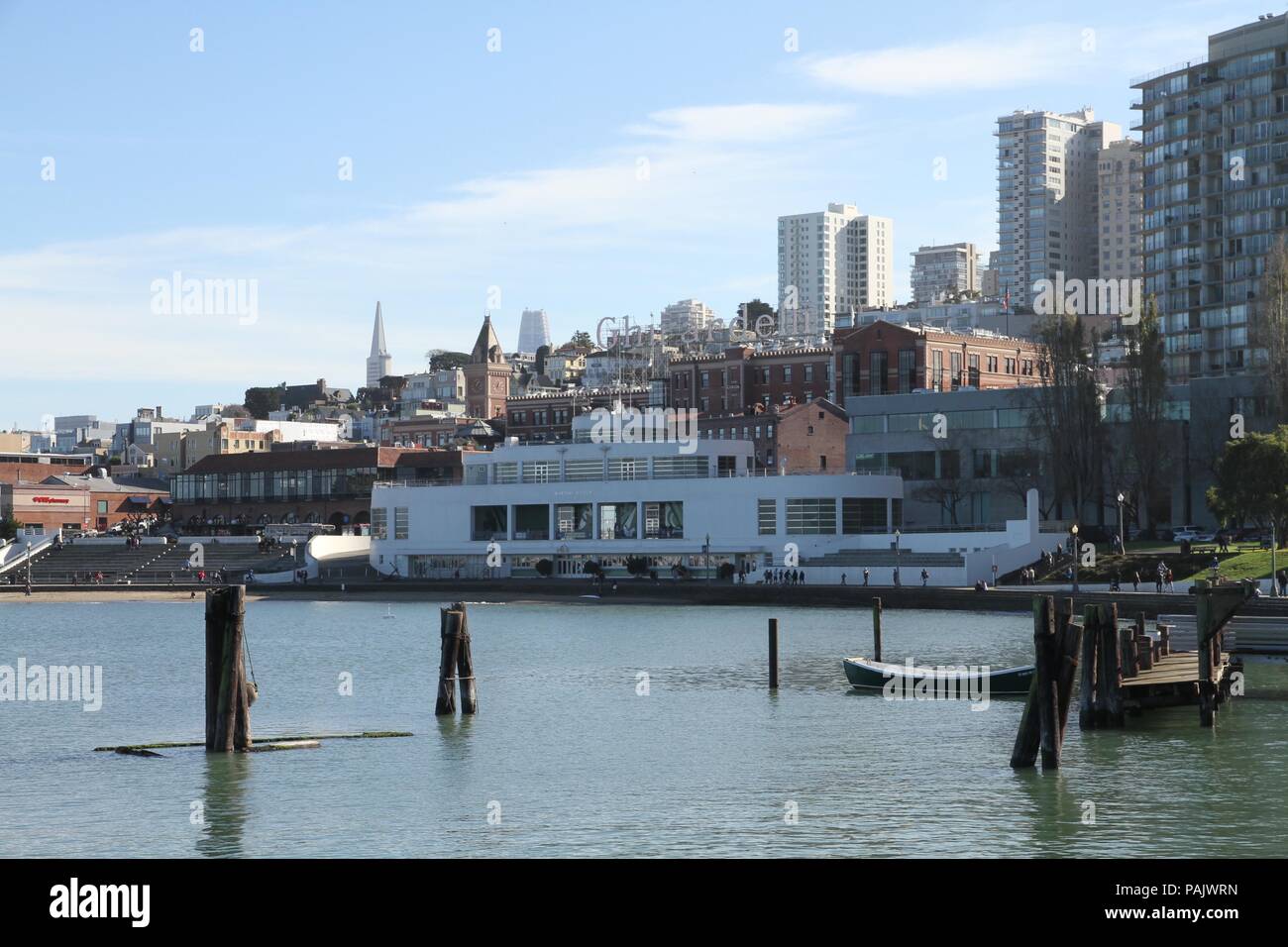 San Francisco shoreline with a docked boat and buildings behind Stock ...