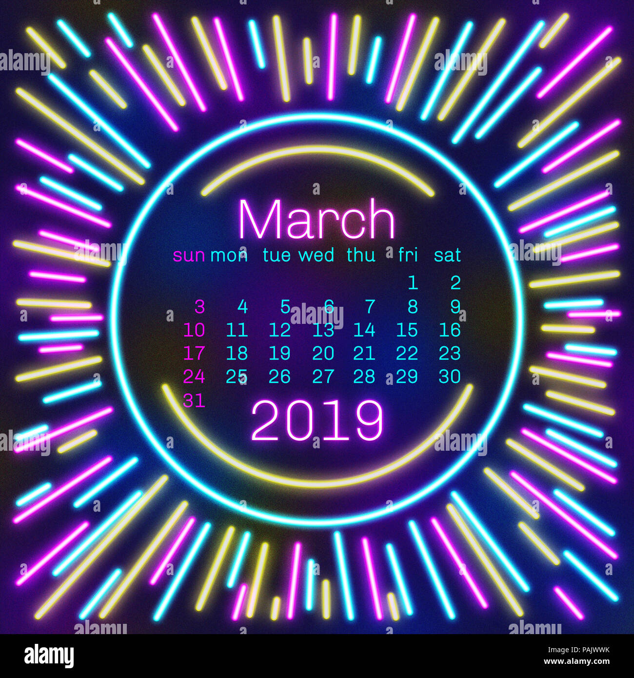 2019. March Calendar page in neon effect style poster for concept ...