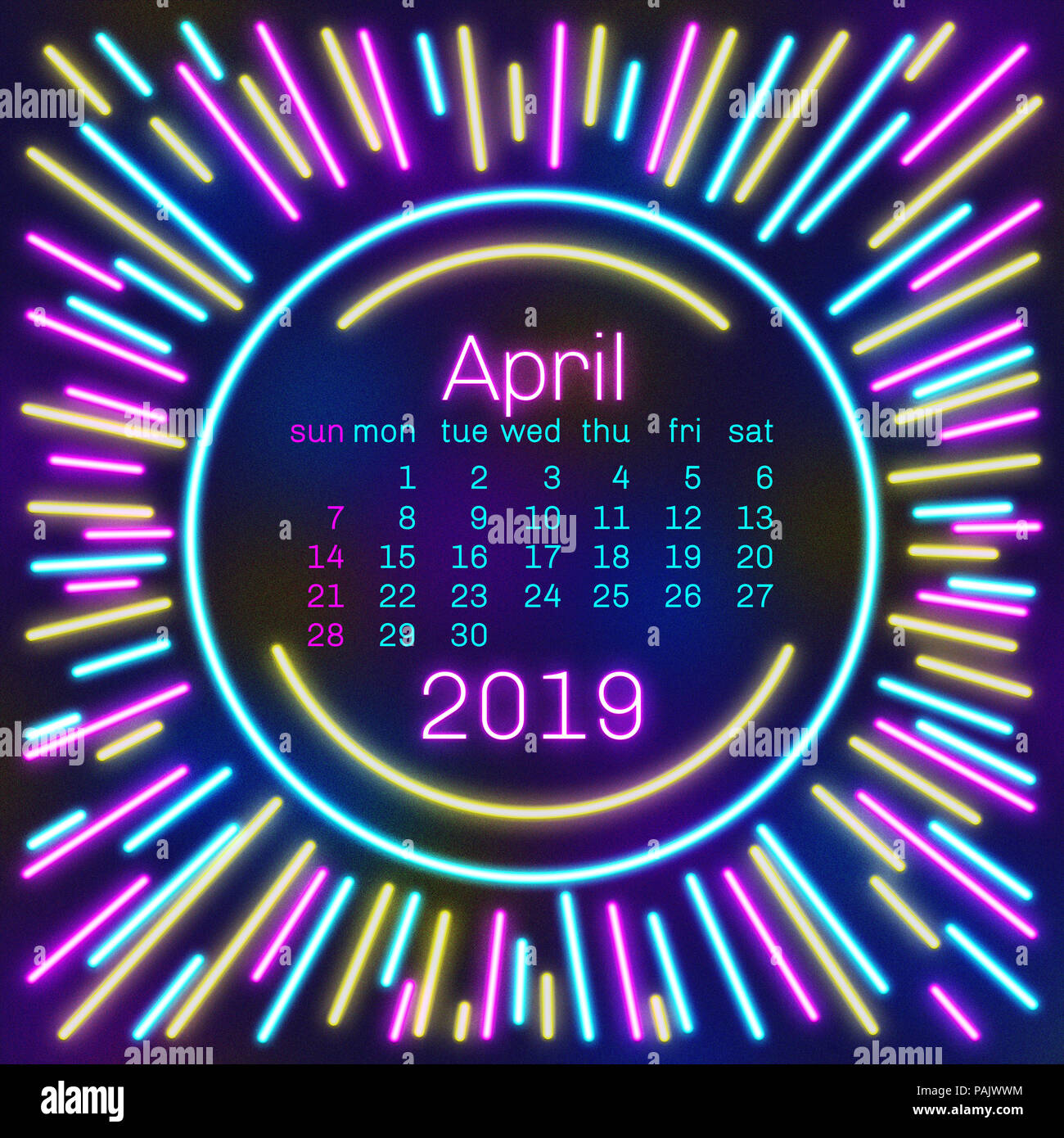 2019. April Calendar page in neon effect style poster for concept ...