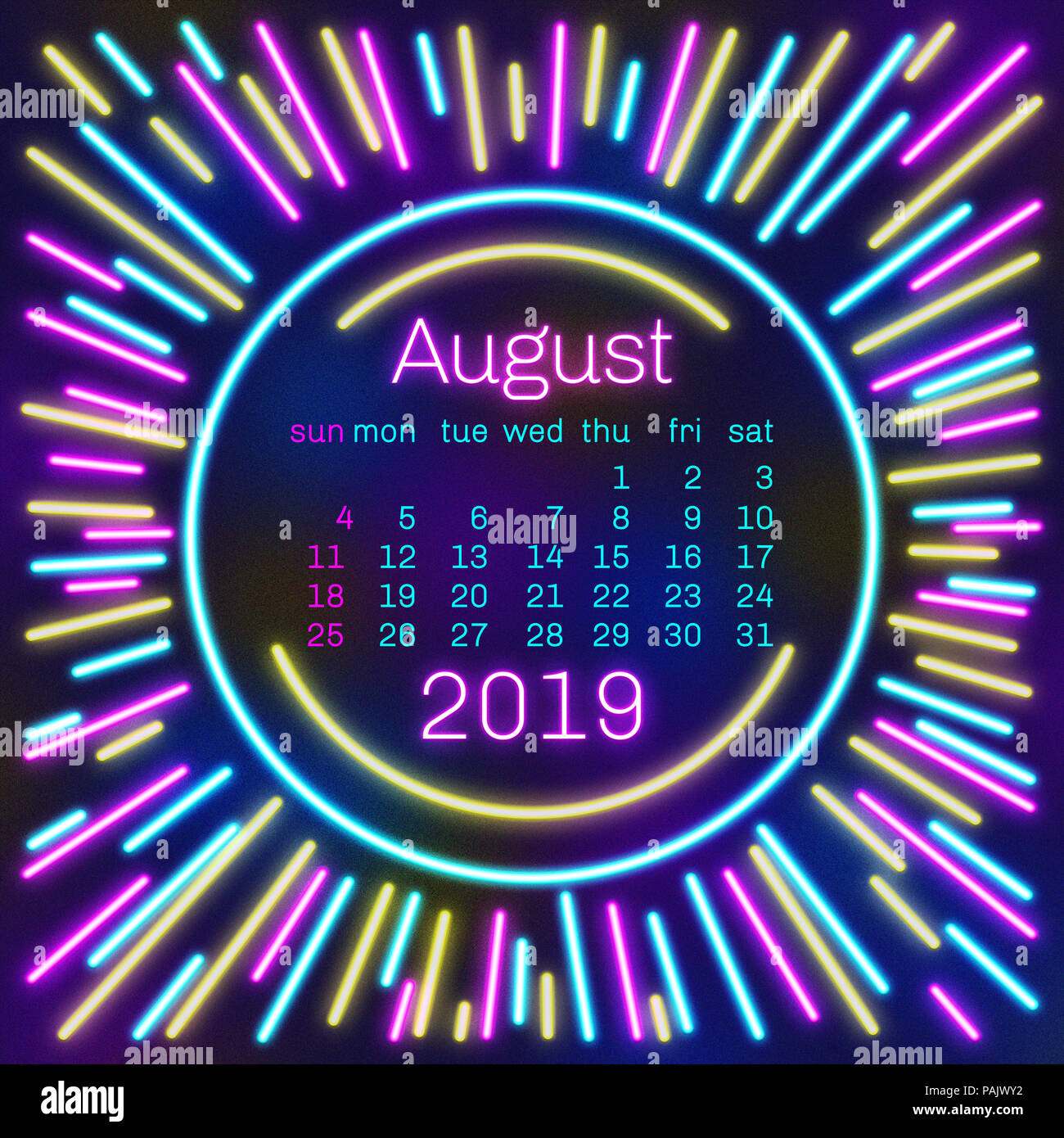 2019. August Calendar page in neon effect style poster for concept ...
