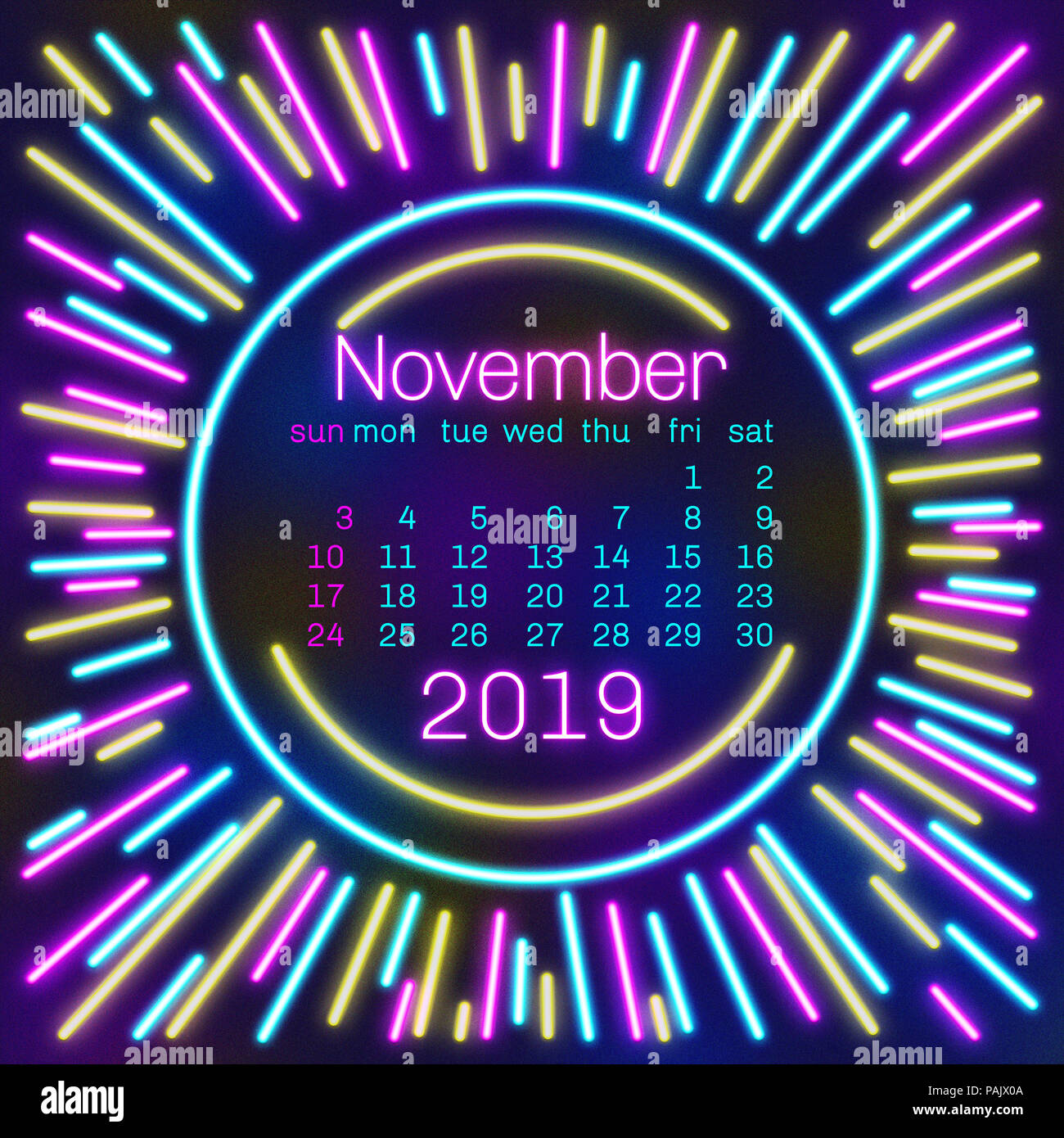 2019. November Calendar page in neon effect style poster for concept ...