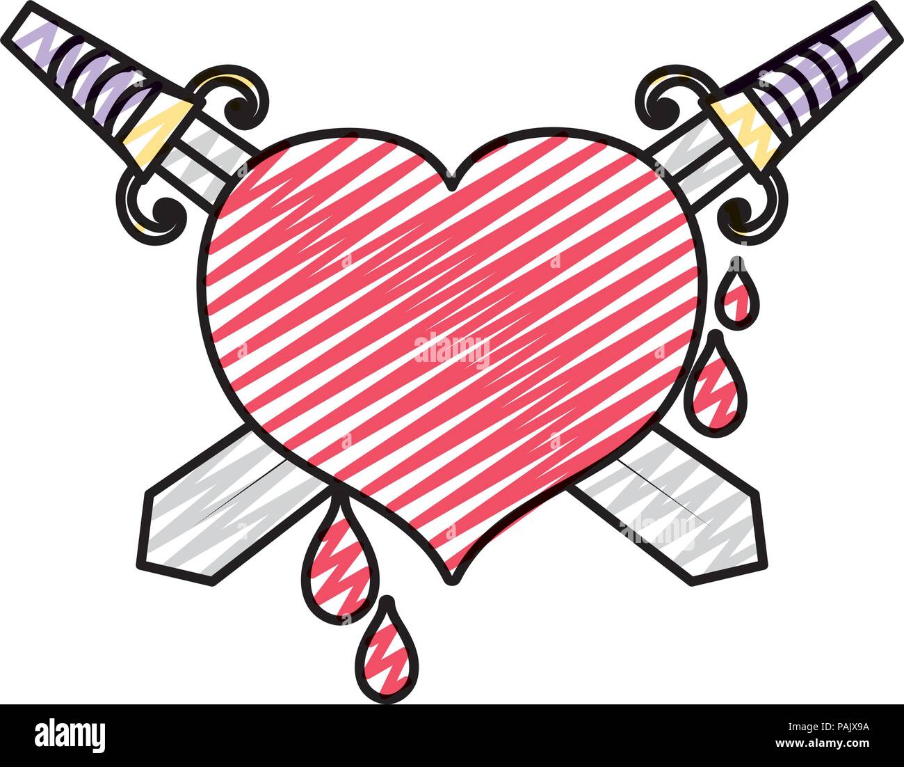doodle swords weapon inside heart and blood drops Stock Vector Image ...