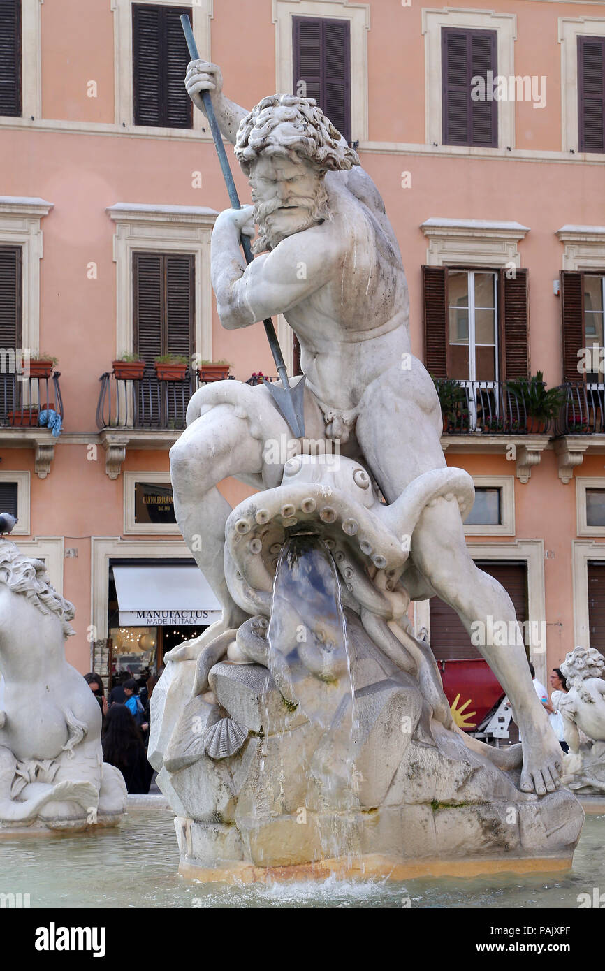 ROME, ITALY - APRIL 19, 2015: Neptune Statue in Piazza Navona. The ...