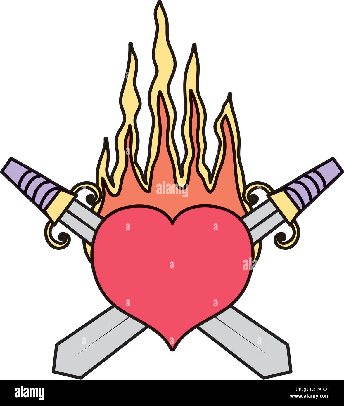 color swords weapon inside heart with passion fire Stock Vector Image ...