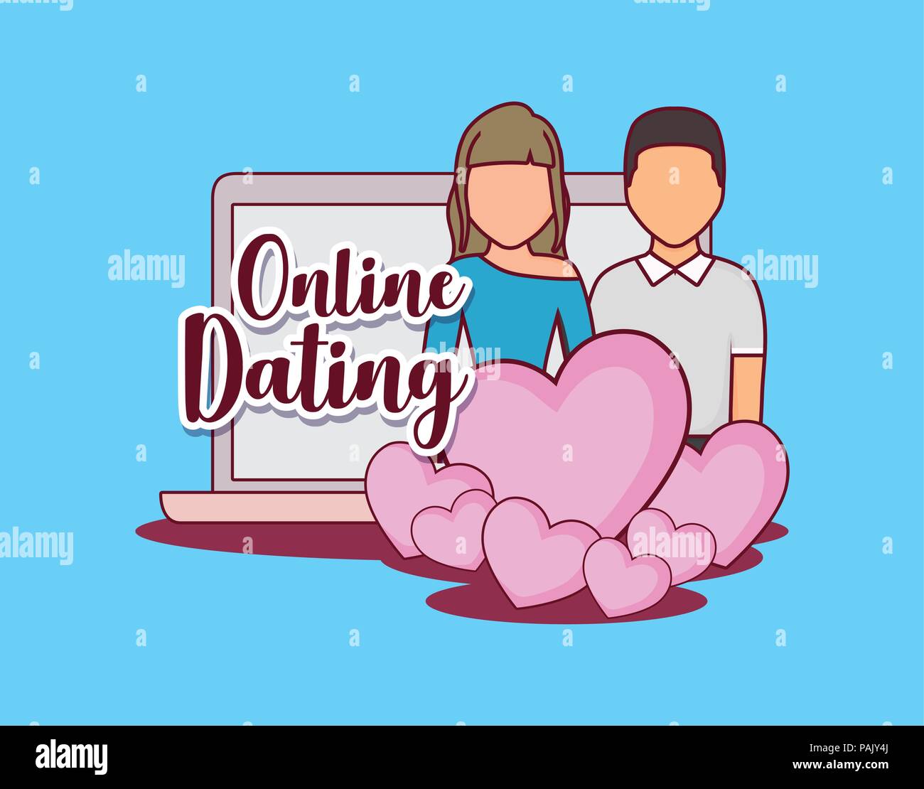online dating design with laptop computer and avatar couple and hearts ...