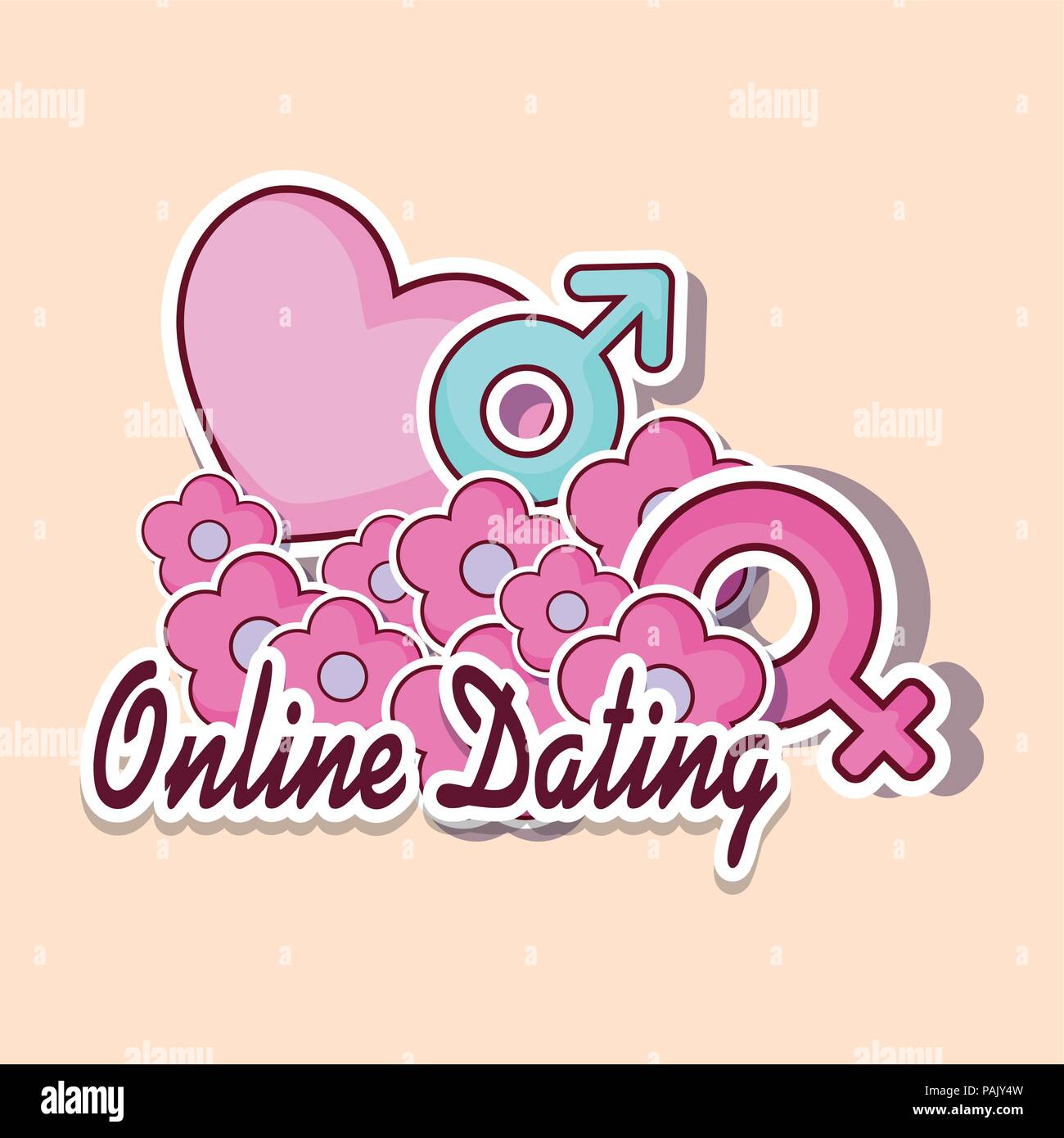 Online dating design with flowers and gender symbols over orange ...
