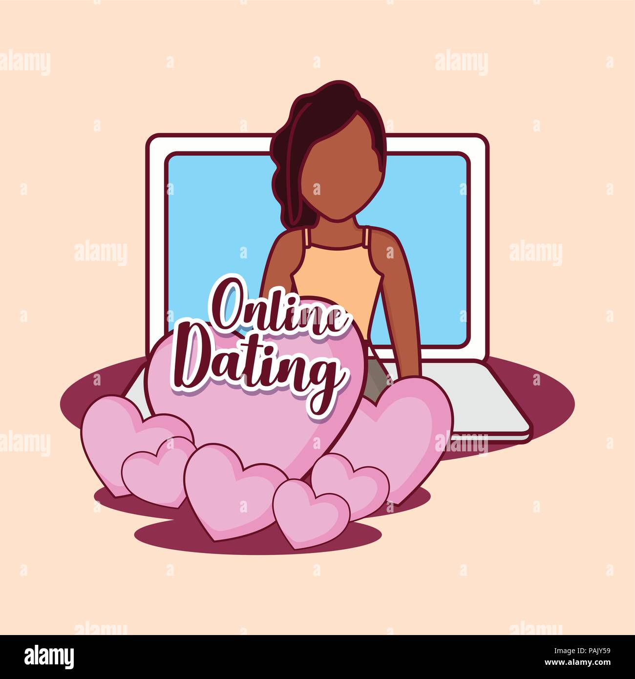 online dating design with laptop computer and avatar woman and hearts ...