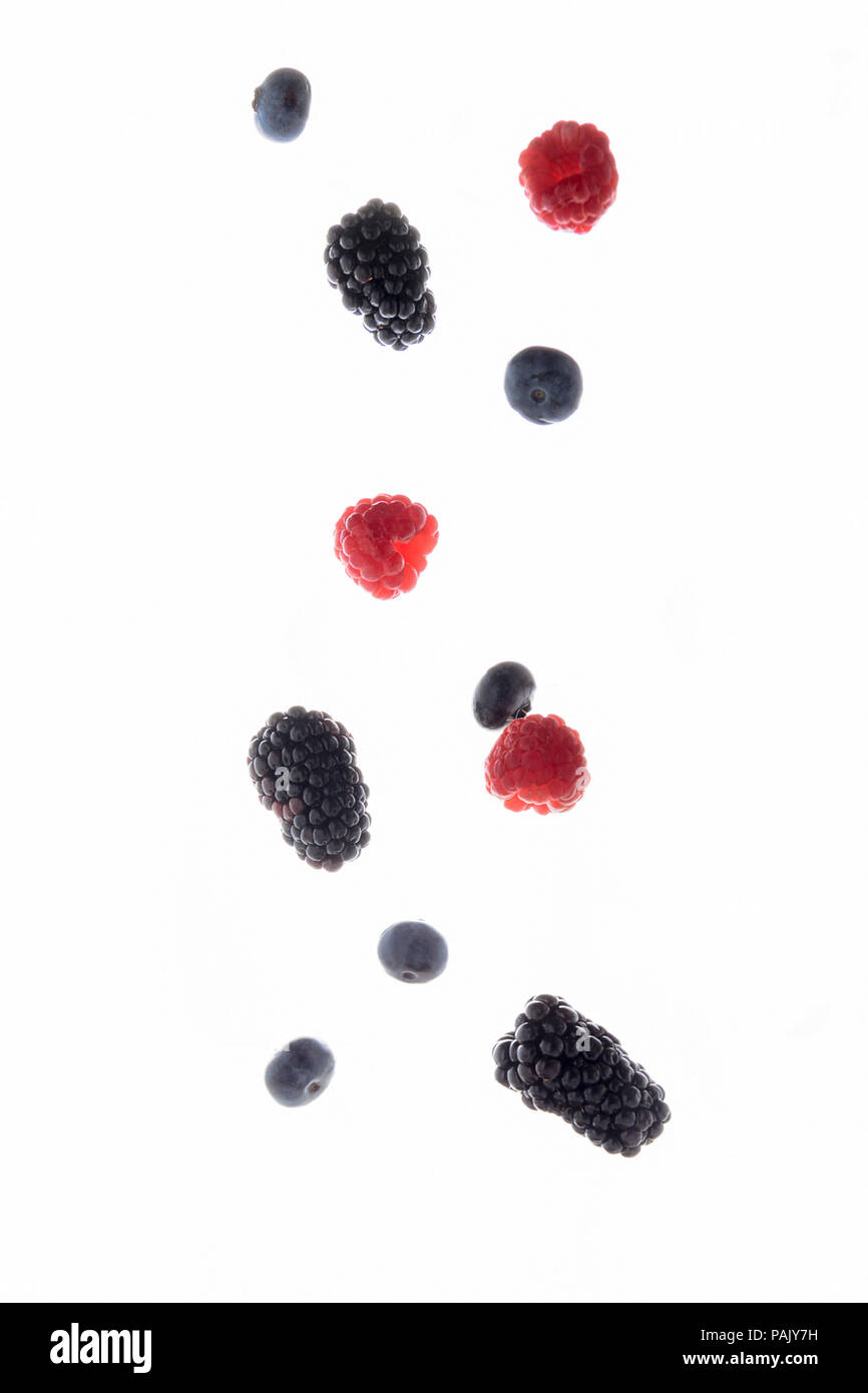 Flying blackberry, raspberry and blueberry fruits isolated on white ...