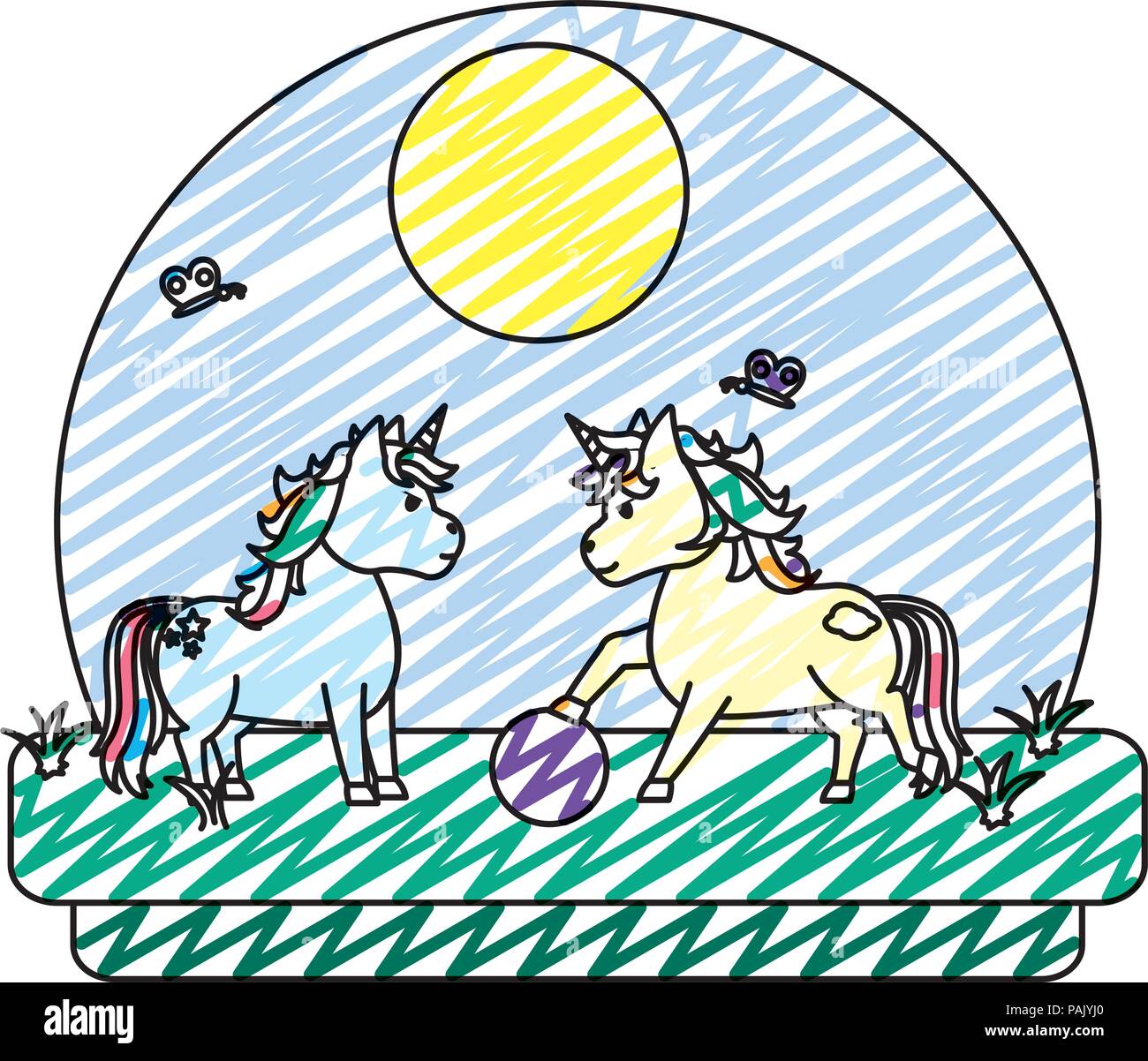doodle cute unicorns playing with ball in the landscape Stock Vector ...