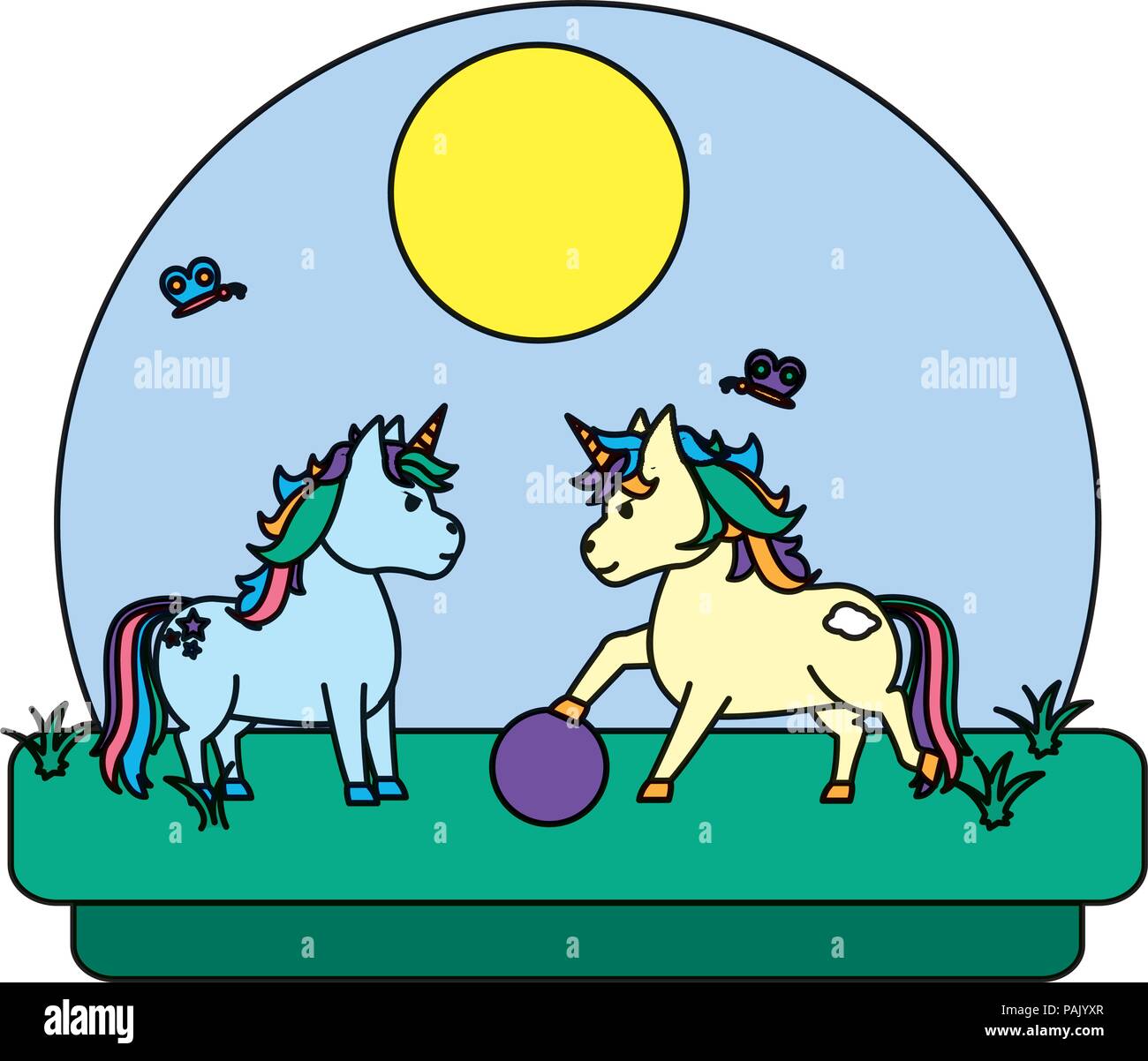 color cute unicorns playing with ball in the landscape Stock Vector ...