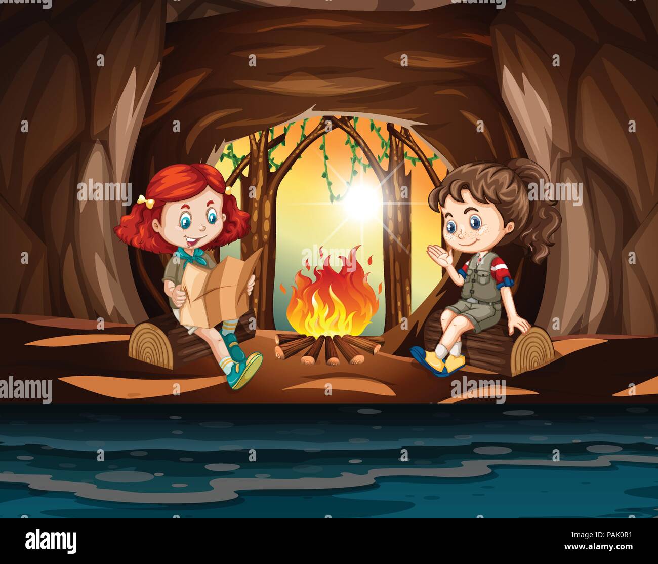 Girls camping in the cave illustration Stock Vector Image & Art - Alamy