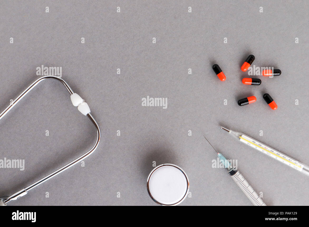 Medical equipments including stethoscope, syringe, drug medicines ...