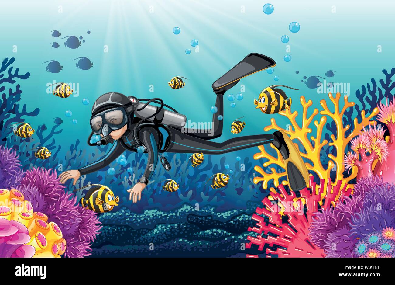 Scuba diver in a beautiful coral scene illustration Stock Vector Image ...