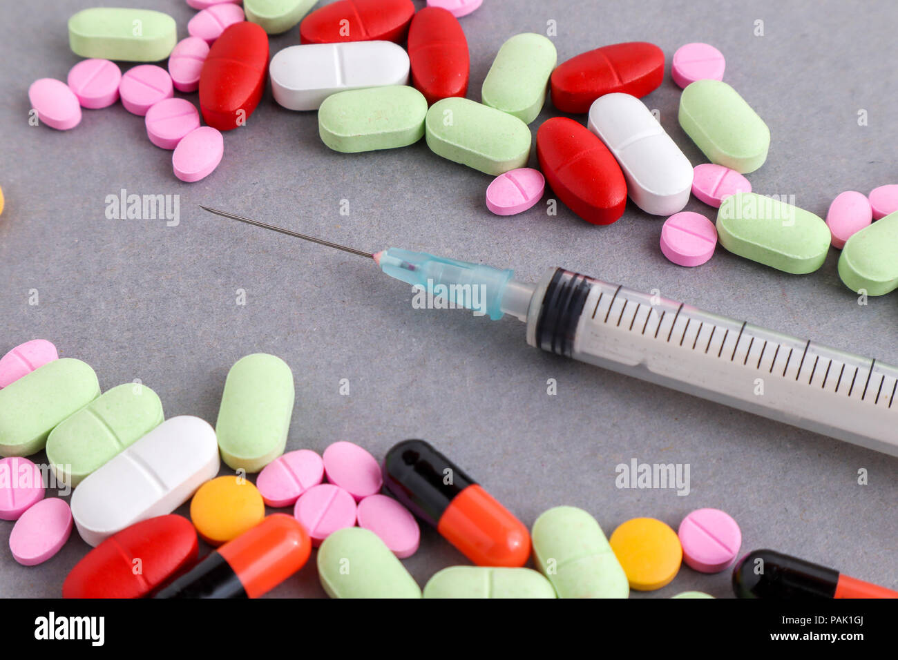 Medical equipments including syringe, drug medicines background, top ...