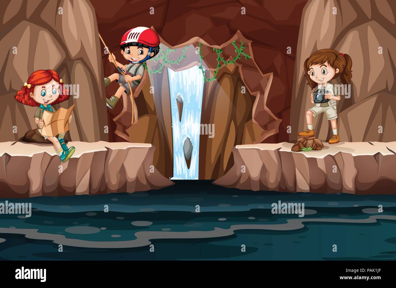 A group of people exploring the cave illustration Stock Vector Image ...