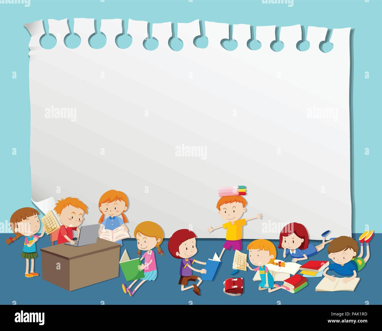 Blank frame with children reading and studying illustration Stock ...