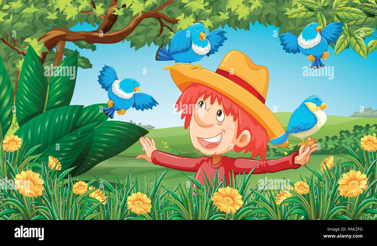 man playing with birds in field illustration Stock Vector Image & Art ...