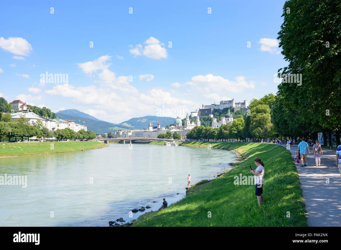 Salzburg: river Salzach, Old Town, fortress Hohensalzburg in Austria ...
