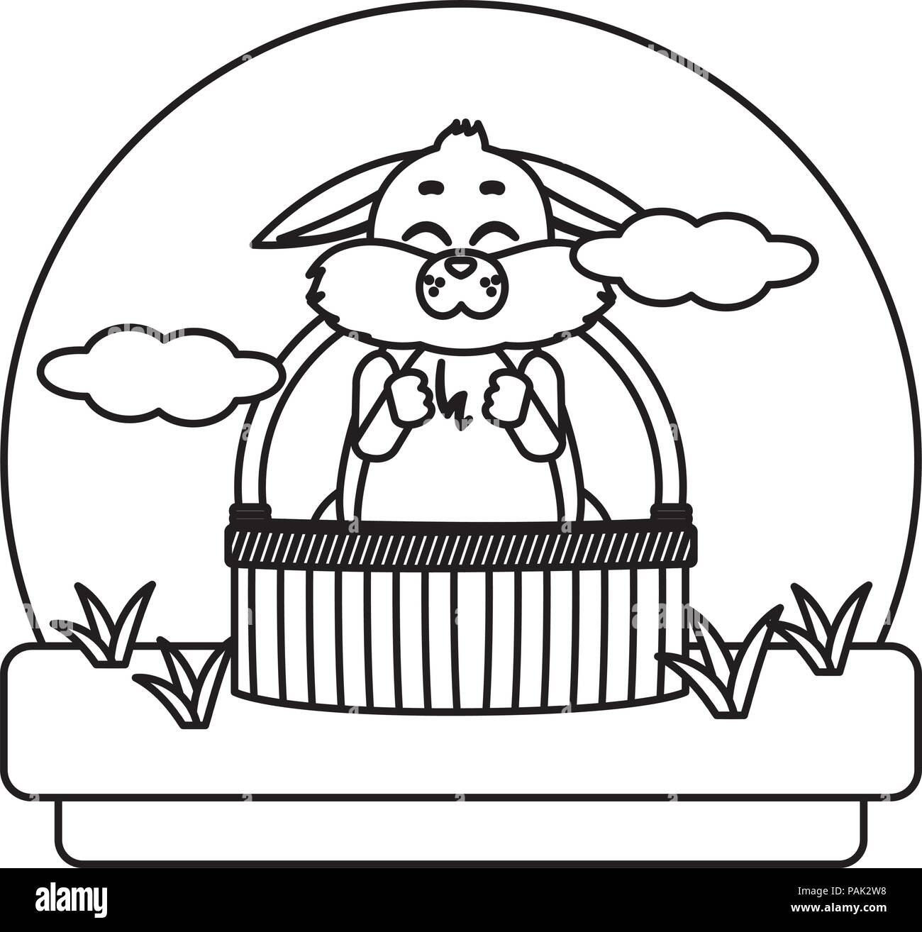 line cute rabbit animal inside hamper in the landscape Stock Vector ...