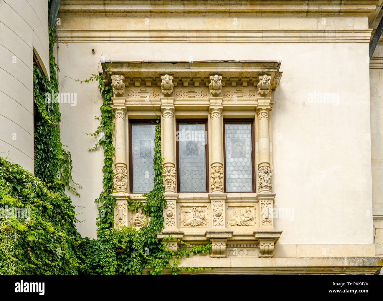 Window at the Peles Castle in Sinaia town of Romania with beautiful ...