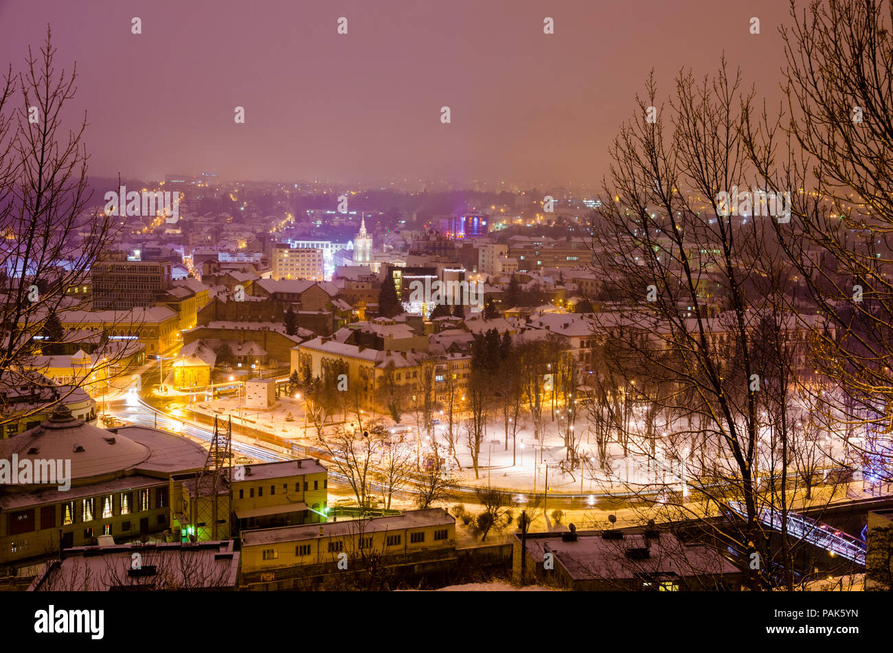 Cluj Napoca view on a cold winter night with the Hungarian Opera House ...