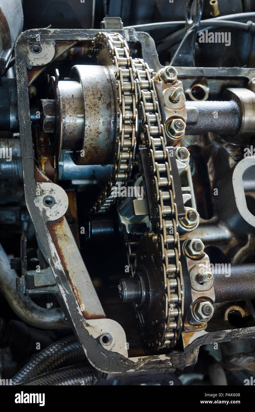 Engine block open exposing the distribution chain and other metal parts ...