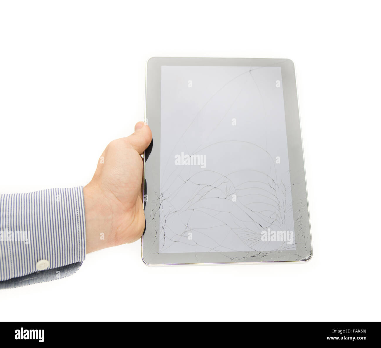 Cracked tablet touch screen display on a white background suggesting ...