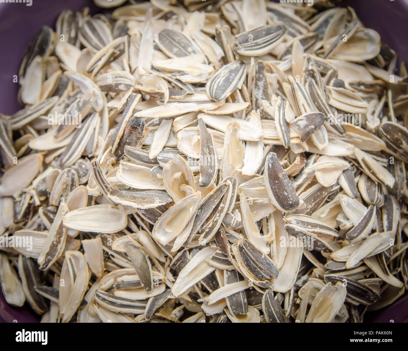 Sunflower seeds husk in a pile in a bowl with a close look Stock Photo ...