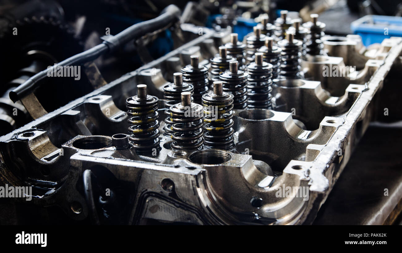 Open engine block exposing the interior parts and pieces with springs ...