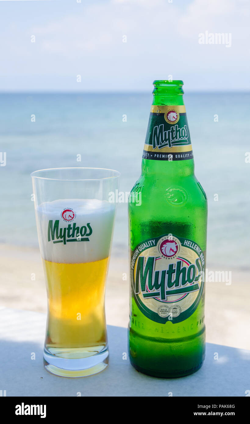 THASSOS, GREECE - 18 AUGUST 2014: Mythos traditional greek beer on the ...